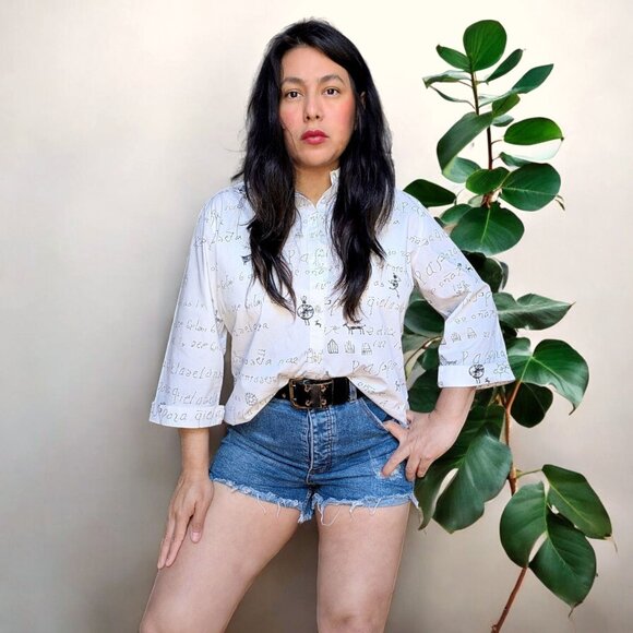 Vintage | Tops | Chicos Vtg 9s Artsy Doodles Cave Art Black White ...